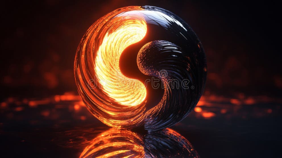 Glowing Yin Yang Sphere with Fire and Light Effects Stock Illustration ...