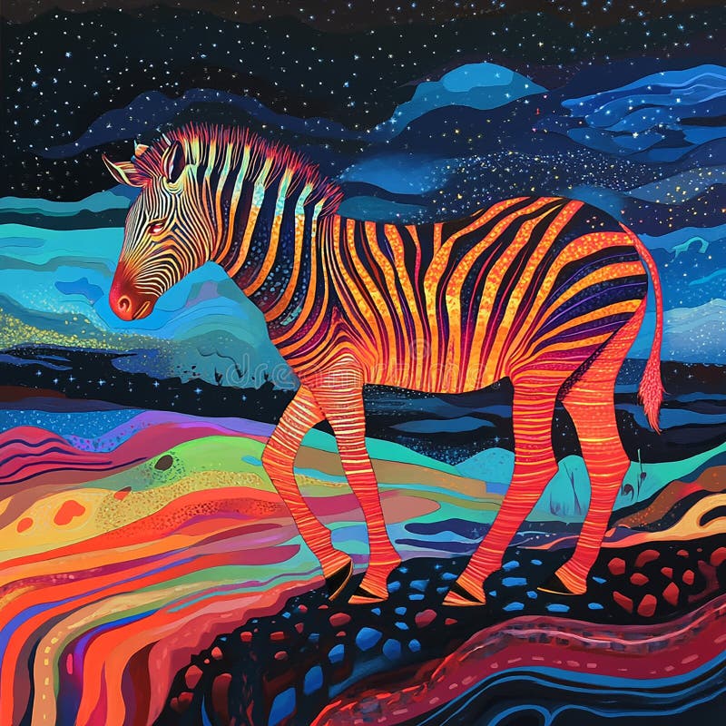 Glowing Zebra: Walking through a Landscape of Stars Stock Illustration ...