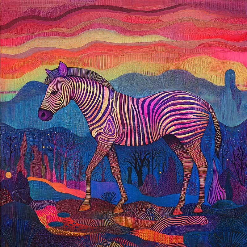 Glowing Zebra: Walking through a Landscape of Stars Stock Illustration ...