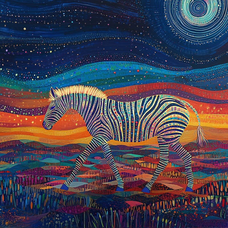 Glowing Zebra: Walking through a Landscape of Stars Stock Illustration ...