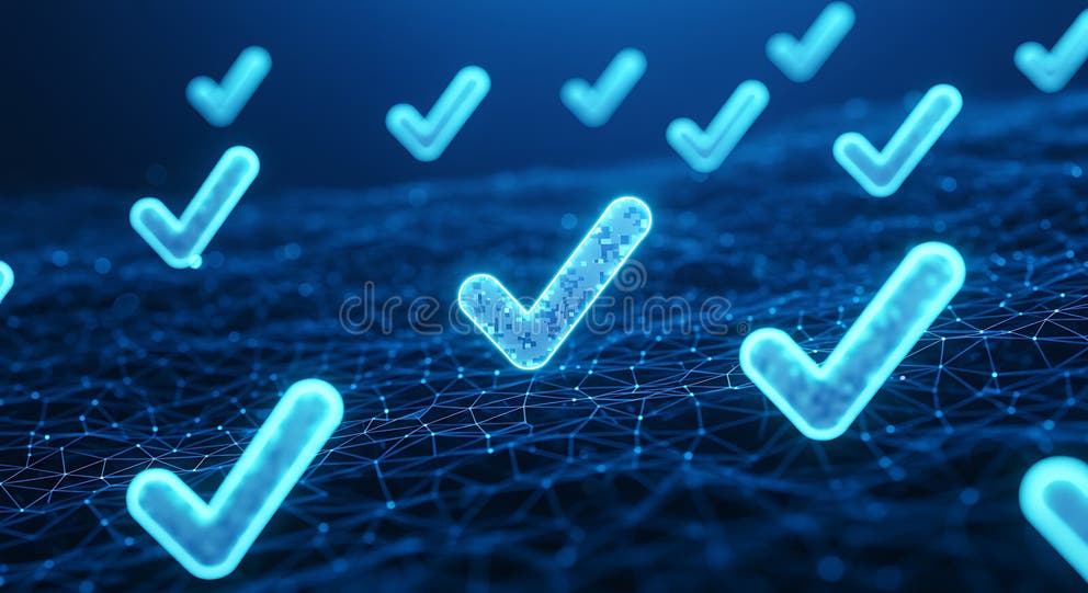 Glowing Blue Check Marks Floating on Network Background Illustration ...