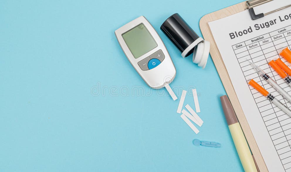 Glucometer and Insulin Syringe, Lancing Device Tester Strip. on Blue ...