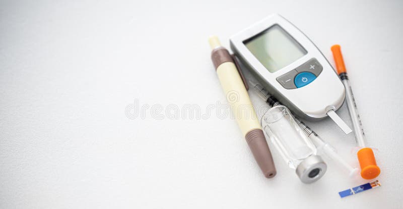 Glucometer and Insulin Syringe, Lancing Device Tester Strip. on White ...