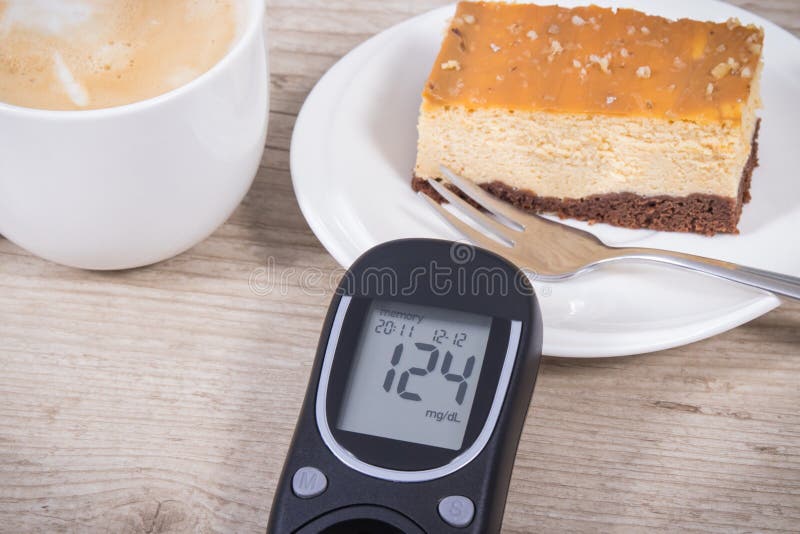 Glucometer, Portion of Cheesecake and Cup of Coffee with Milk ...