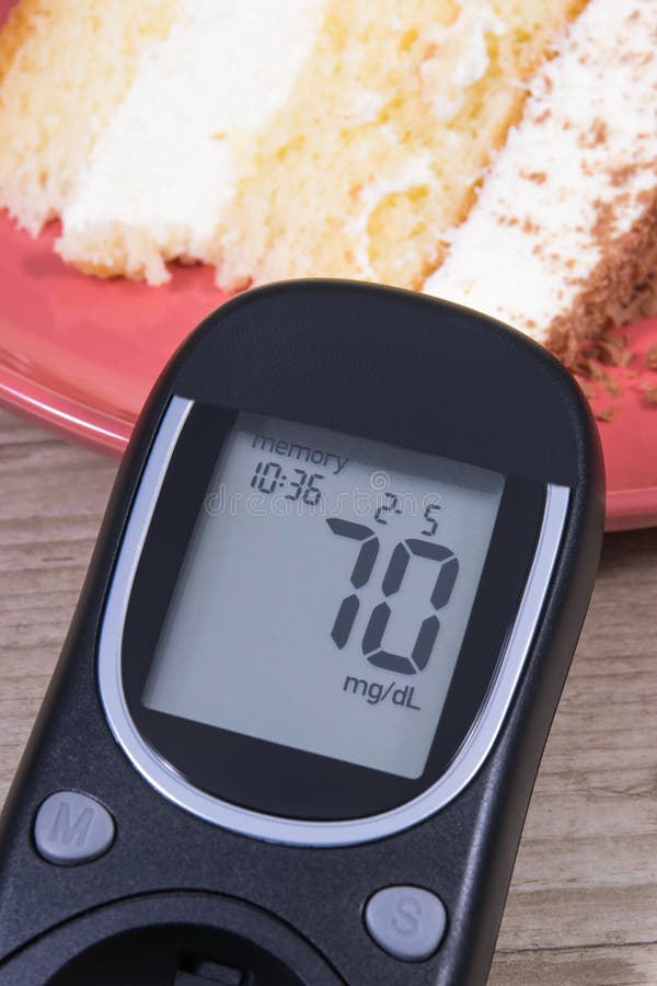 Glucometer for Sugar Level Control, Portion of Fresh Sweet Cake with ...