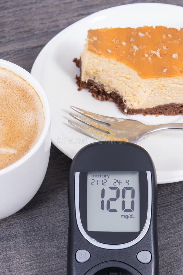 Glucometer Using for Sugar Level Control, Portion of Sweet Cheesecake ...