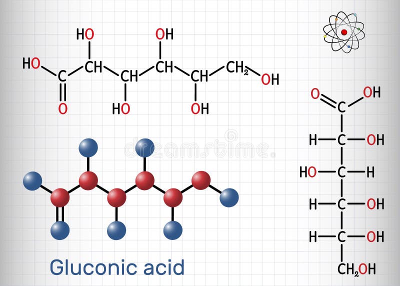 Gluconic Acid, C6H12O7 Molecule. it is PHA, Polyhydroxy Acid. the Salt ...