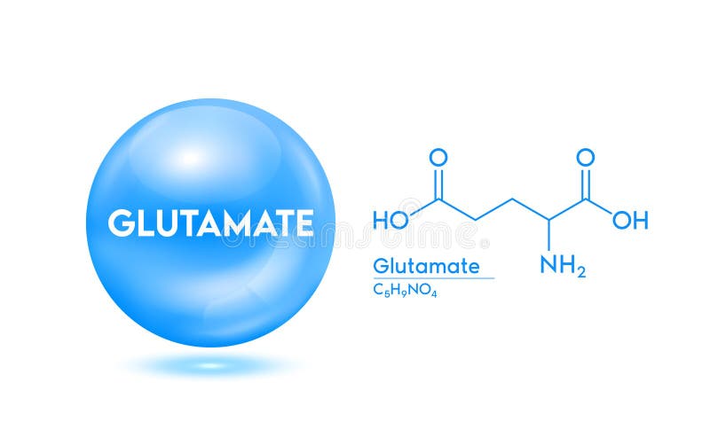 Glutamate and Structural Chemical Formula. Molecule Model Blue Isolated ...