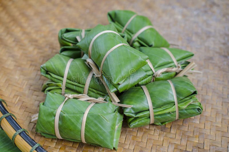 Glutinous Rice Steamed in Banana Leaf Stock Photo - Image of isolated ...