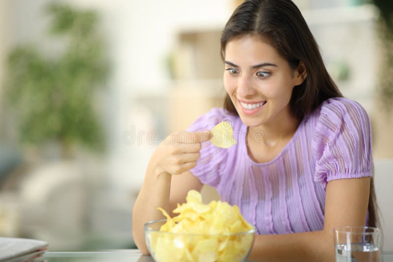 Glutton Woman Eating Potato Chips Eagerly Stock Image - Image of ...