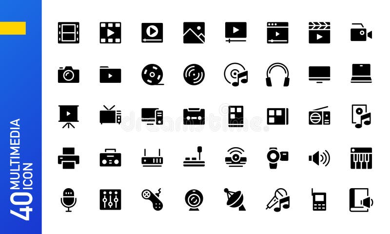 Glyph Icons of Multimedia Device and App. Stock Vector - Illustration ...