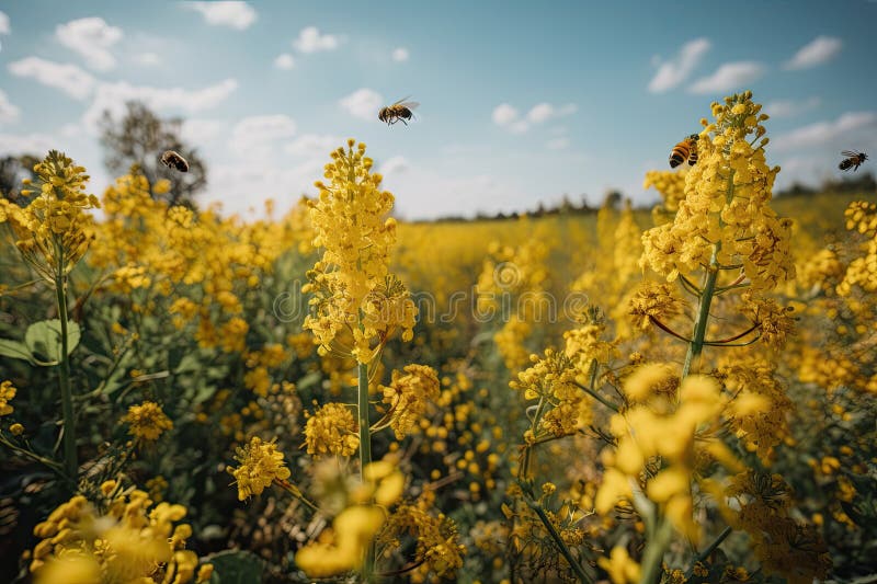 Gmo Crop Field, with Butterflies and Bees Pollinating the Plants Stock ...