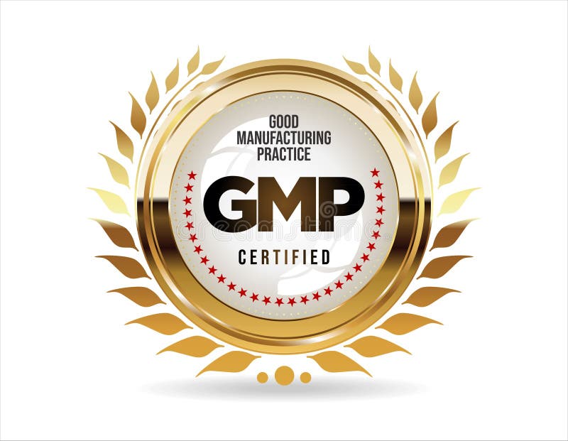 GMP Good Manufacturing Practice Certified Gold Stamp on White ...