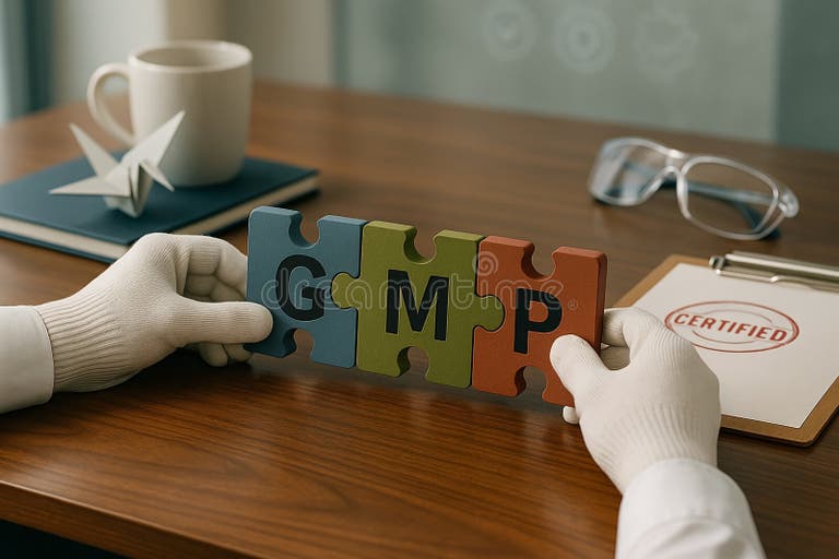 GMP: Good Manufacturing Practices Puzzle Pieces Held by Gloved Hands ...