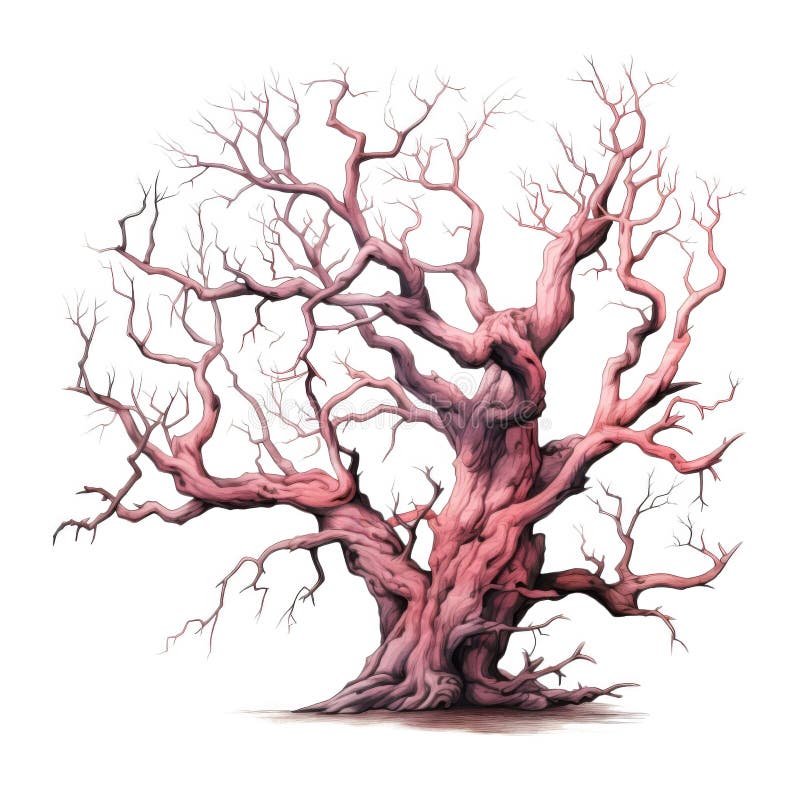 A Gnarled and Ancient Tree with a Pink-hued Trunk and Bare Branches ...