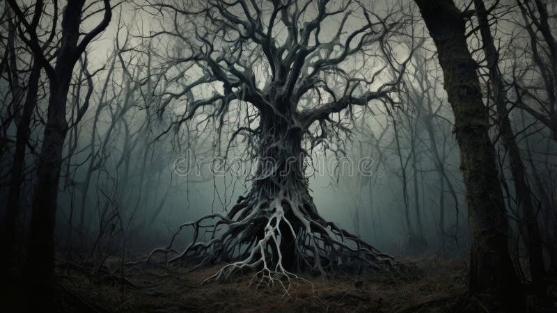 A Gnarled Ancient Tree Stands in a Misty Forest Stock Illustration ...