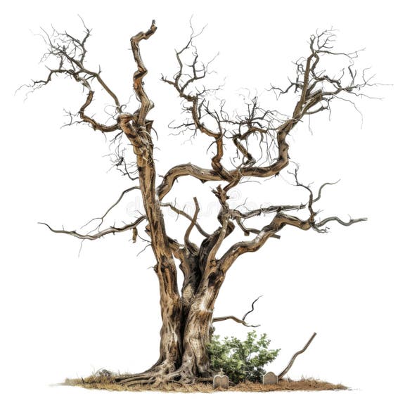 A Gnarled, Dead Tree with Twisted Branches and a Few Small Bushes Stock ...