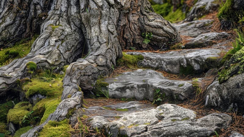 The Gnarled Rough Bark of a Tree Mixed with the Soft Smooth Moss ...
