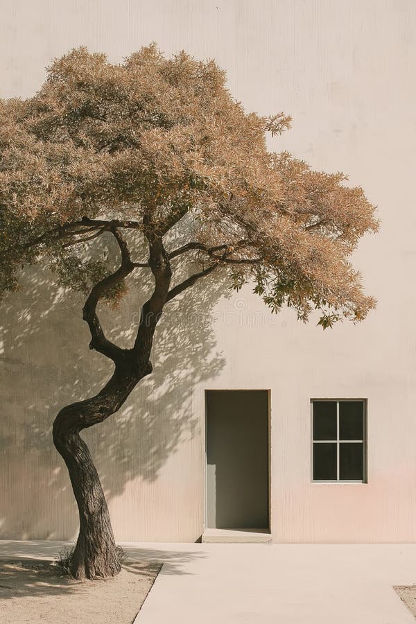 Gnarled Tree Casting Shadow on Minimalist Building with Open Door Stock Illustration ...