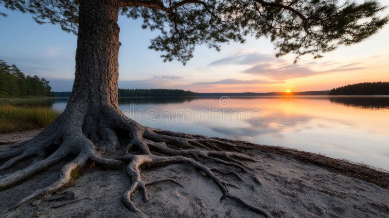 Gnarled Tree Roots Extend from a Large Tree on the Shore, while a ...