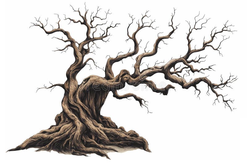 Gnarled and Twisted Old Dead Tree with Exposed Roots, Isolated on a ...