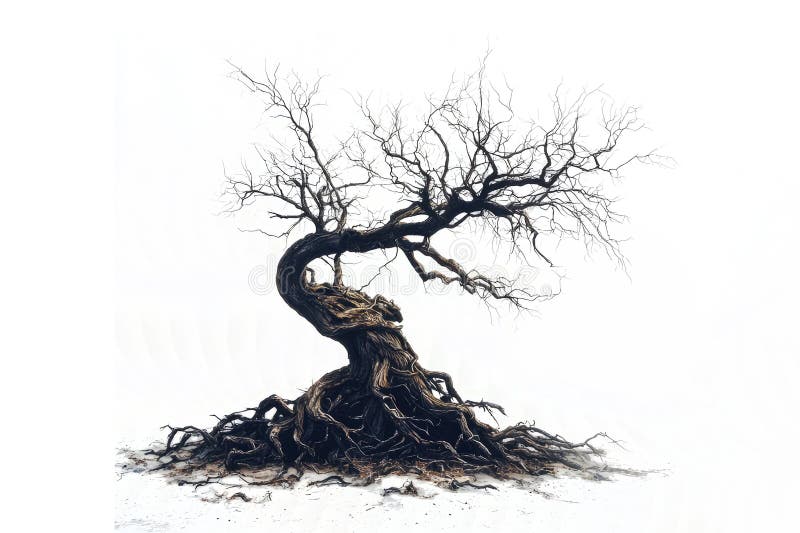 Gnarled and Twisted Old Dead Tree with Exposed Roots, Isolated on a ...