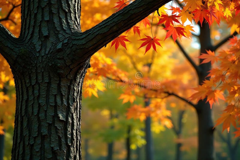 Gnarly Pine Tree Trunk Against a Bright Maple Tree Backdrop Gnarled ...