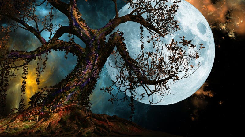 Gnarly tree and a moon stock illustration. Illustration of autumn ...
