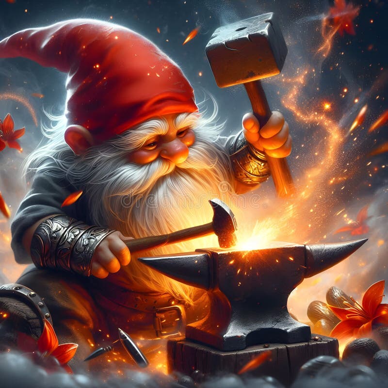 Gnome Blacksmith Forging Metal with Hammer on Anvil in Fiery Workshop ...