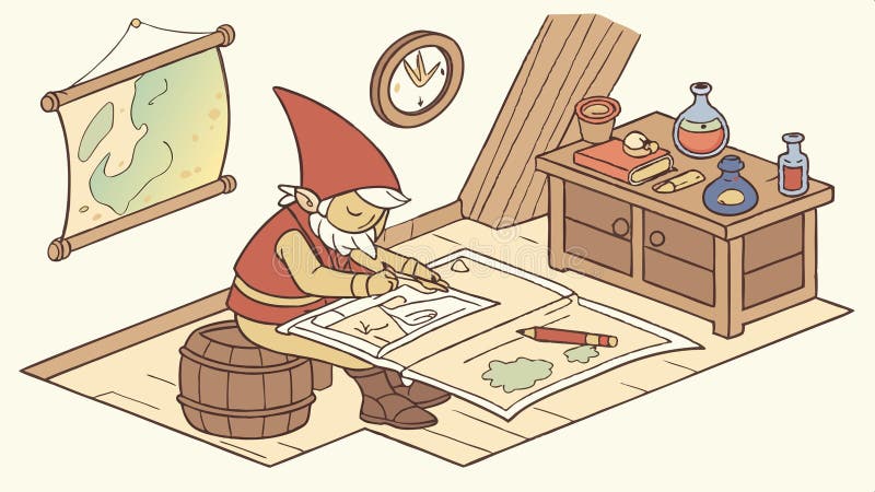 Gnome at Desk with Map, Fantasy Character and Whimsical Study Scene ...