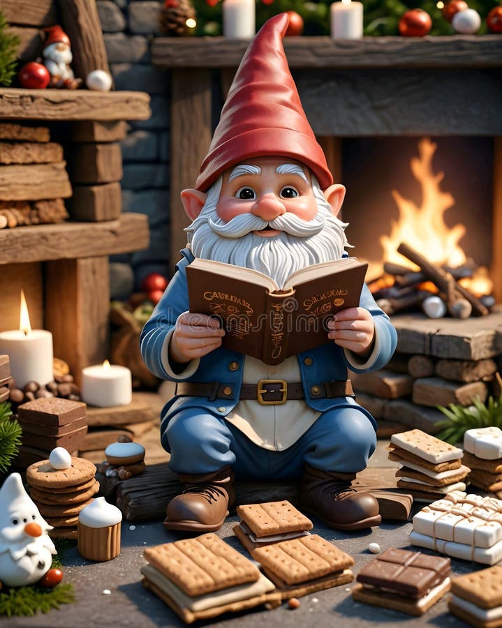 Gnome Enjoying a Book by the Fireplace in a Cheerful Cabin Atmosphere ...