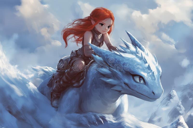 Gnome and her ice dragon stock illustration. Illustration of courage ...