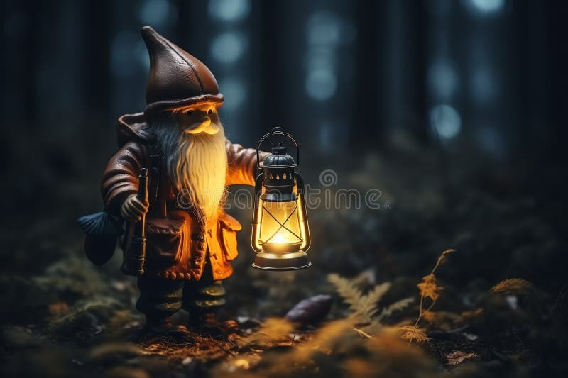 Gnome with a Lantern Exploring a Forest at Night in Fantasy World Stock ...
