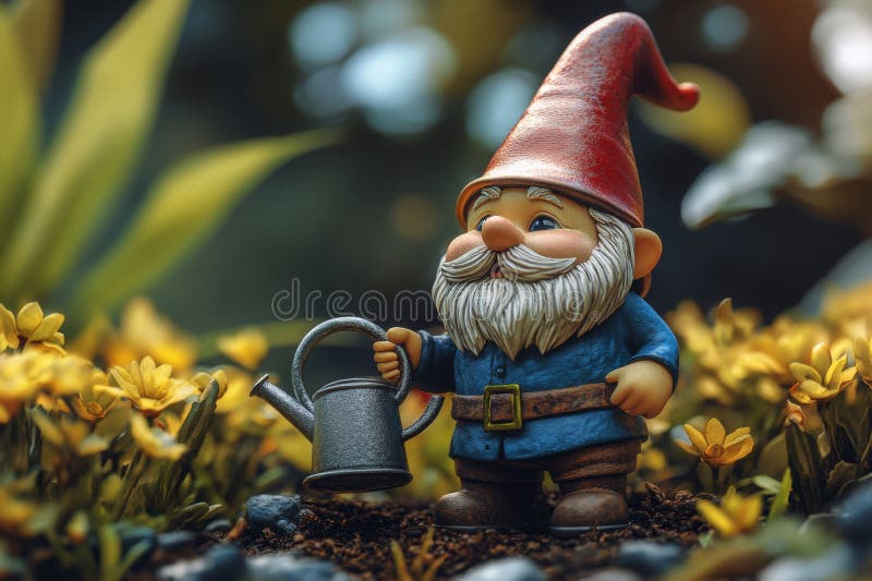 A Gnome with a Long Beard Planting Spring Flowers. Stock Illustration ...