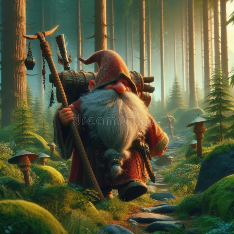 Gnome Walks through a Fairy Tale Forest Stock Illustration ...