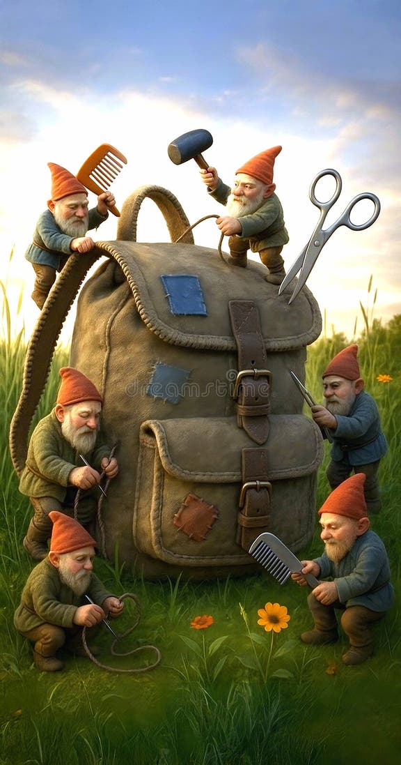Gnomes Working on Top a Backpack Stock Image - Image of working ...