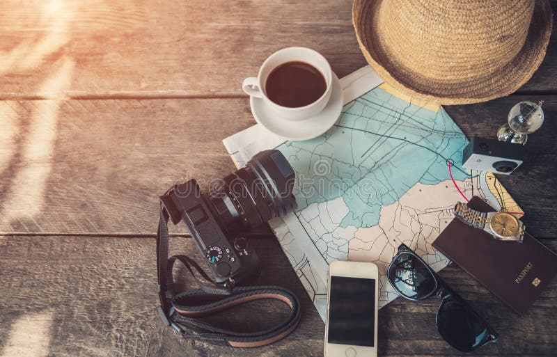 Go on an Adventure! the Map and the Camera on a Wooden Table. Top View ...