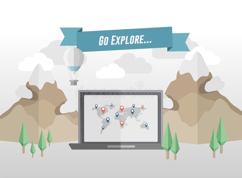 Go Explore Banner Above Laptop in Mountain Setting Stock Vector ...