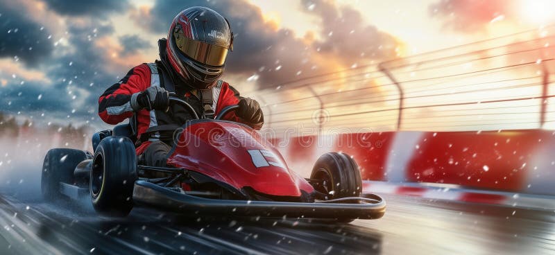 Go-kart Racing Action on Track with Dramatic Sunset and Rain Effects ...