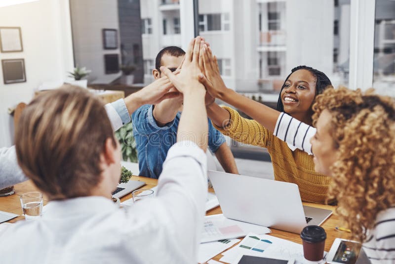 Go Team. Colleagues High-fiving in the Office. Stock Image - Image of ...