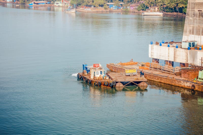 Building Pillars Across the River Zuari Stock Image - Image of scenery ...