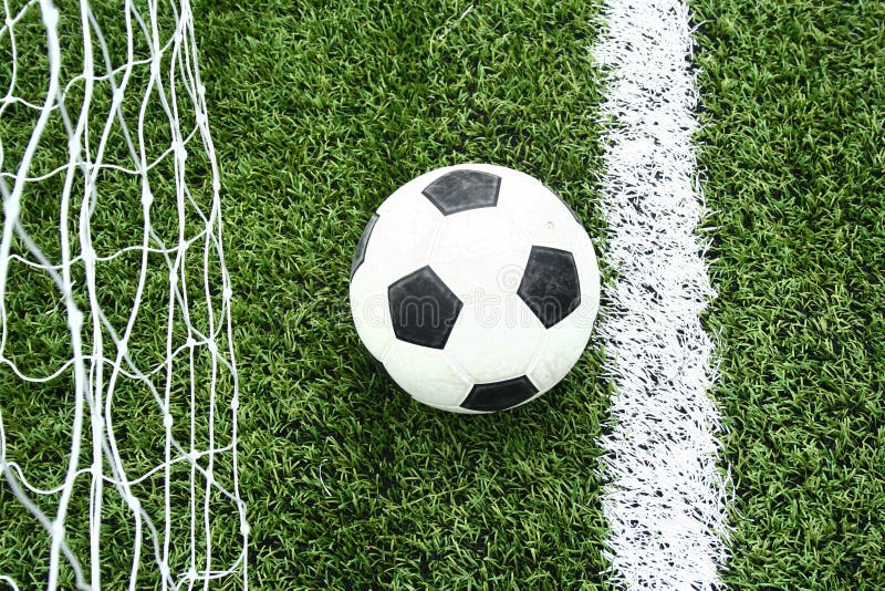 Soccer Ball Behind the Goal Line Stock Image - Image of green, game ...