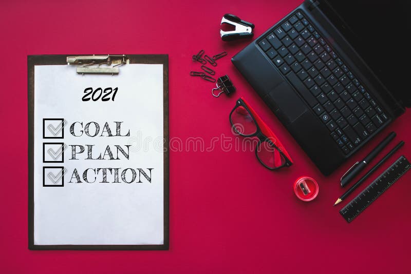 Goal, Plan and Action for 2021 on Flat Lay Photo of Workspace Desk with ...
