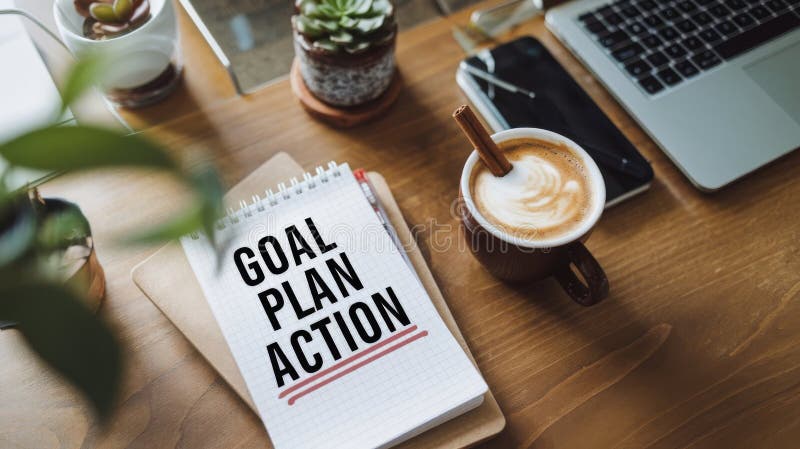 Goal Plan Action Text on Notepad with Coffee and Office Desk Top View ...