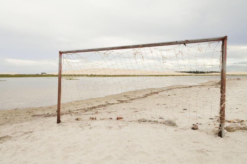 Goal post in beach sand. stock photo. Image of post - 250510436