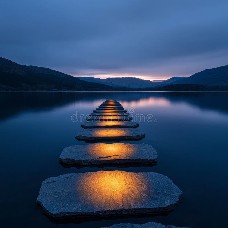 Goal Setting Steps Concept Serene Pathway of Lit Stones Across a Calm ...
