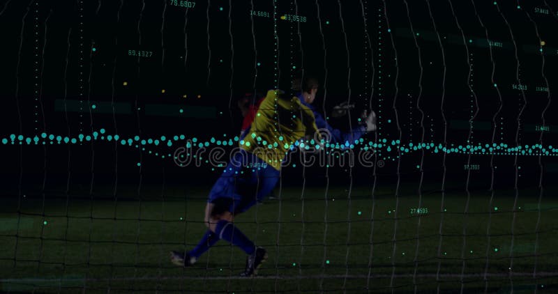 Goalkeeper in Action with Data Processing Animation Over Soccer Field ...