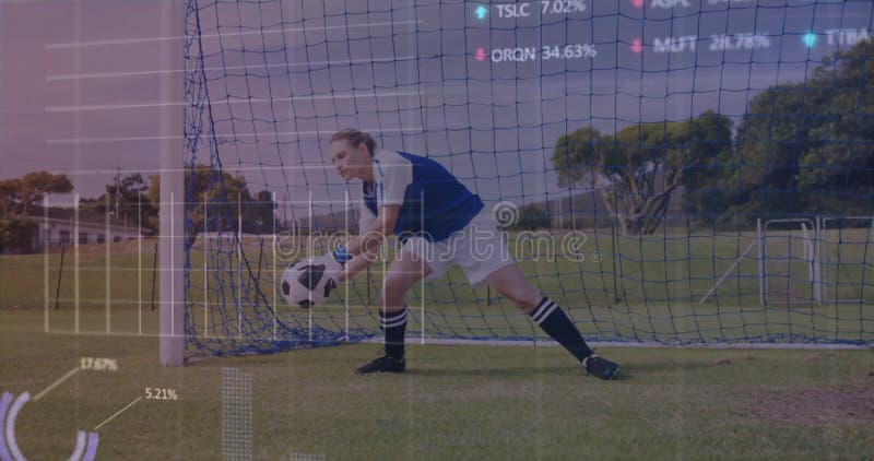 Goalkeeper Saving Soccer Ball with Data Processing Animation Over Field Background Stock Video ...