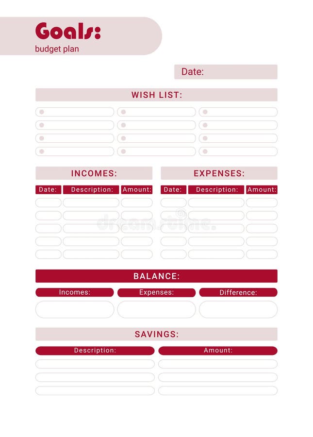 Goals of Personal Monthly Budget Planner, Vector Illustration. Stock ...