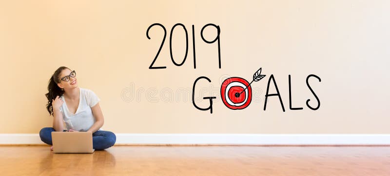 2019 Goals Text with Young Woman Using a Laptop Computer Stock Image ...